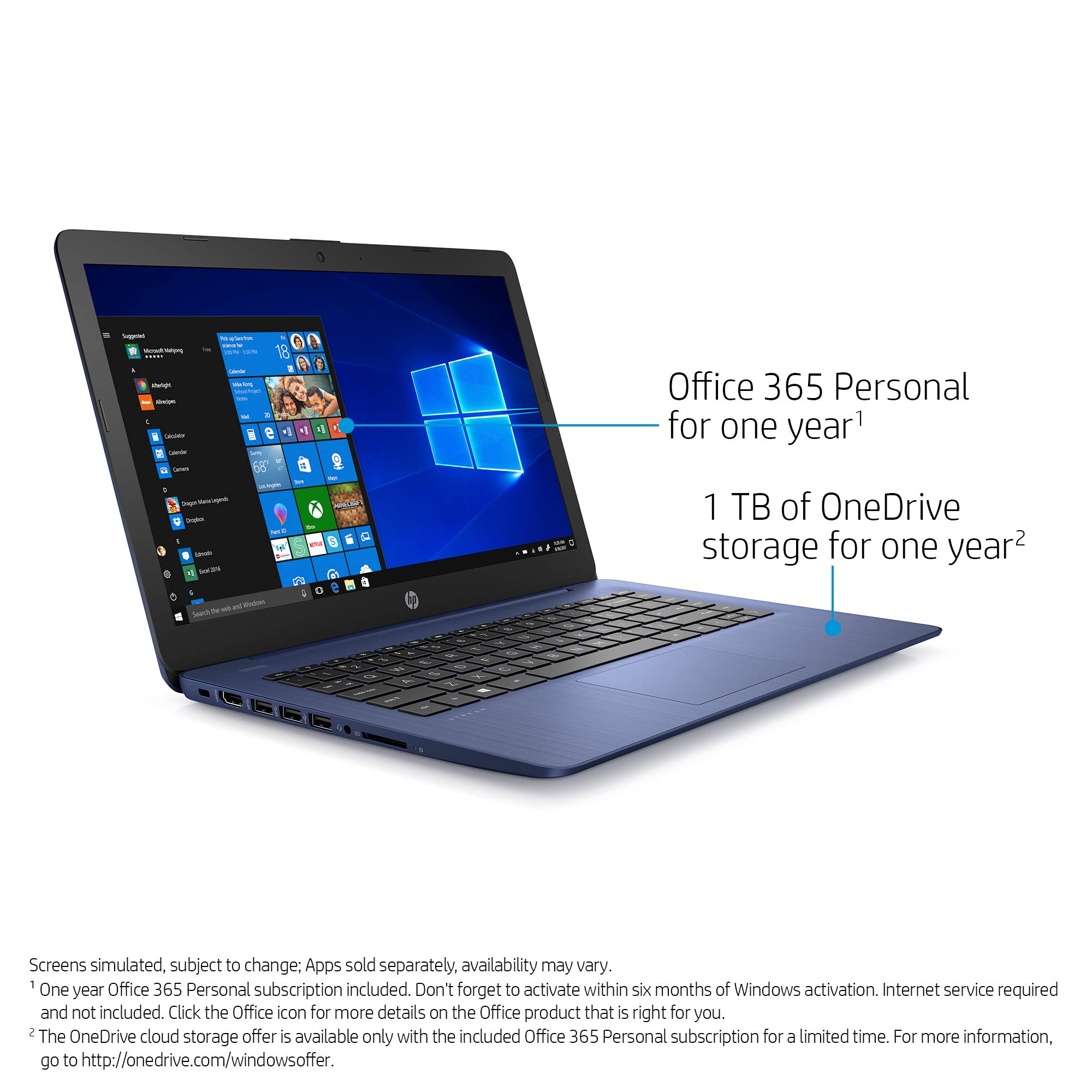 HP 2022 Stream 14" HD Thin and Light Laptop, Intel Celeron N4000 Processor, 4GB RAM, 64GB eMMC, HDMI, Webcam, WiFi, Bluetooth, 1 Year Microsoft 365, Windows 10 S, Royal Blue, w/IFT 32GB Flash Drive