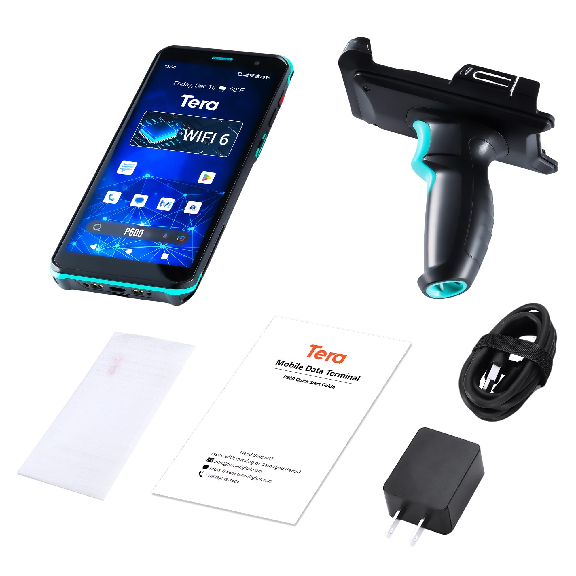 Tera Android 11 Barcode Scanner PDA: with Pistol Grip Wi-Fi 6 Ready Handheld Mobile Computer 6β Full Screen Qualcomm CPU HS7 Scan Engine IP67 Rating 4+64 GB QC 3.0 Fast Charge Inventory Scanner P600