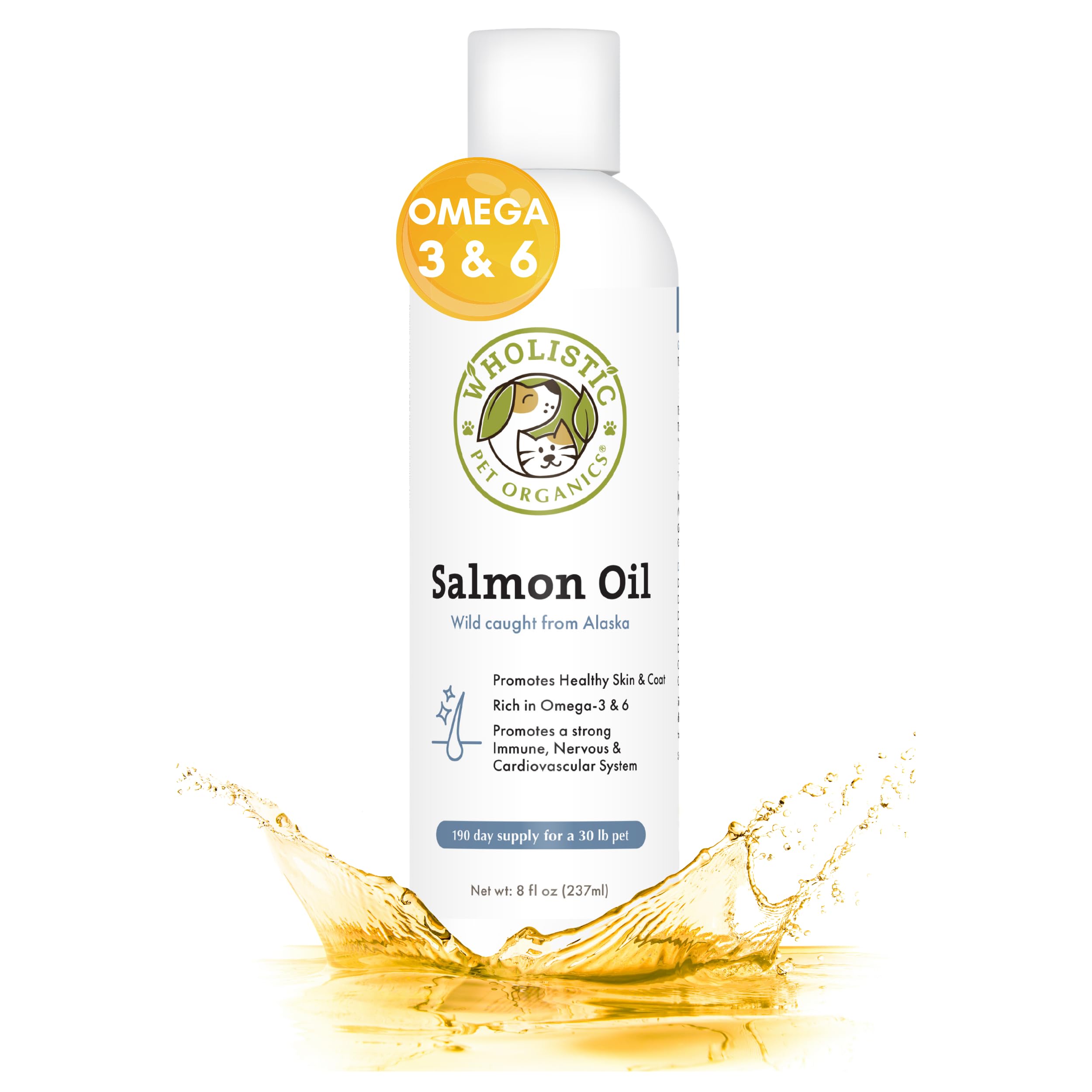 Wholistic Pet Organics Salmon Oil: Deep Sea Wild Alaskan Salmon Oil for Dogs and Cats - Natural Omega 3 Dog Fish Oil Supplement with EPA and DHA for Skin, Coat, Heart and Nervous System Health