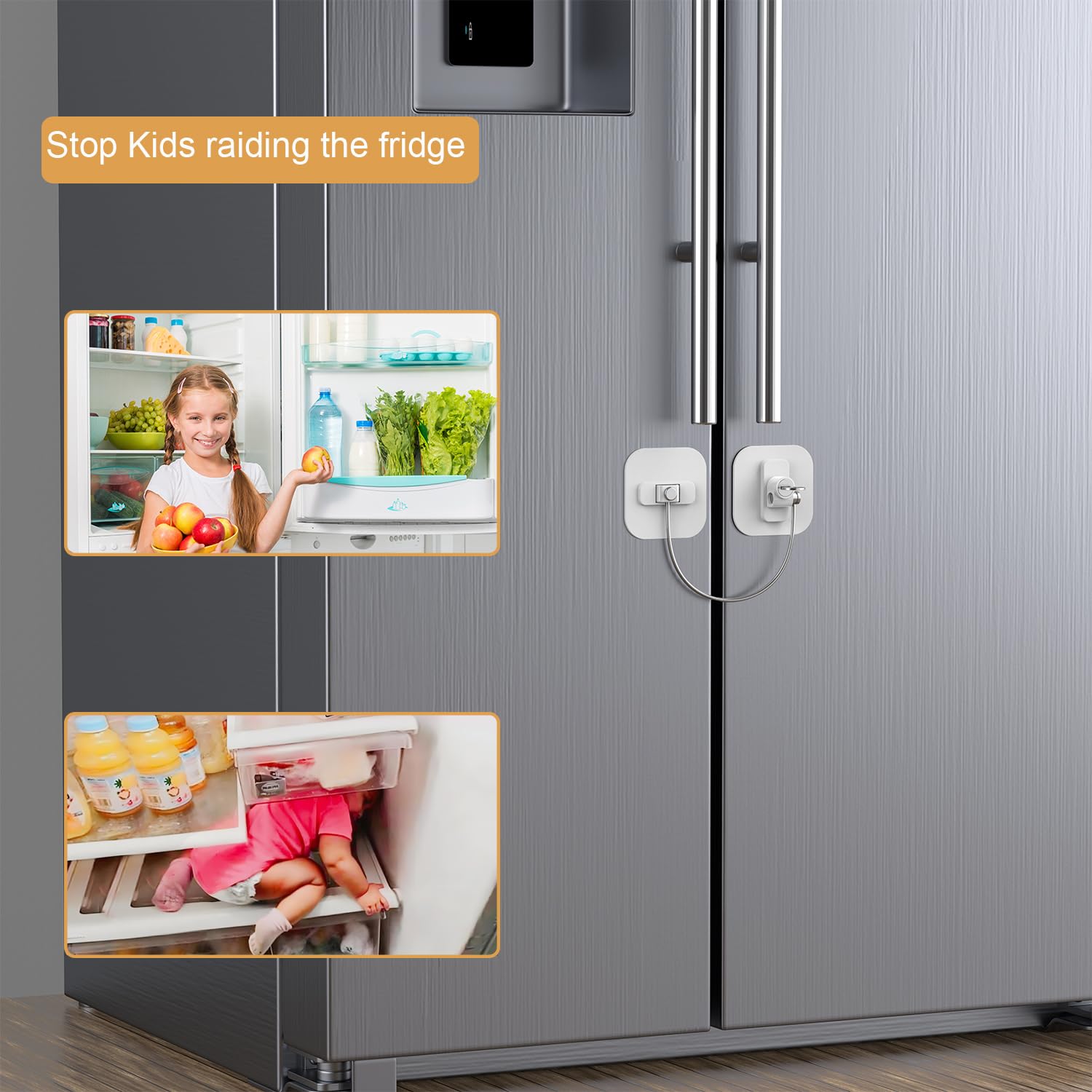 White Fridge Lock, 2 Pack Refrigerator Lock with 4 Keys, Fridge Locks for Kids Proof, Freezer Lock and Drawer Lock, No Tools or Drilling Required, Adult Safety Locks for Pantry, Freezer, and More