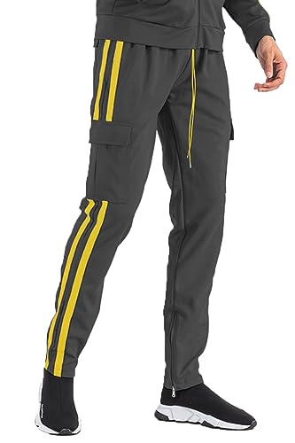 Weiv Gear Men’s Track Pants – Casual Two Stripe Cargo Pocket Ankle Zipper Sweatpants Joggers Active Athletic Workout TP500 BLKYEL M Black/Yellow