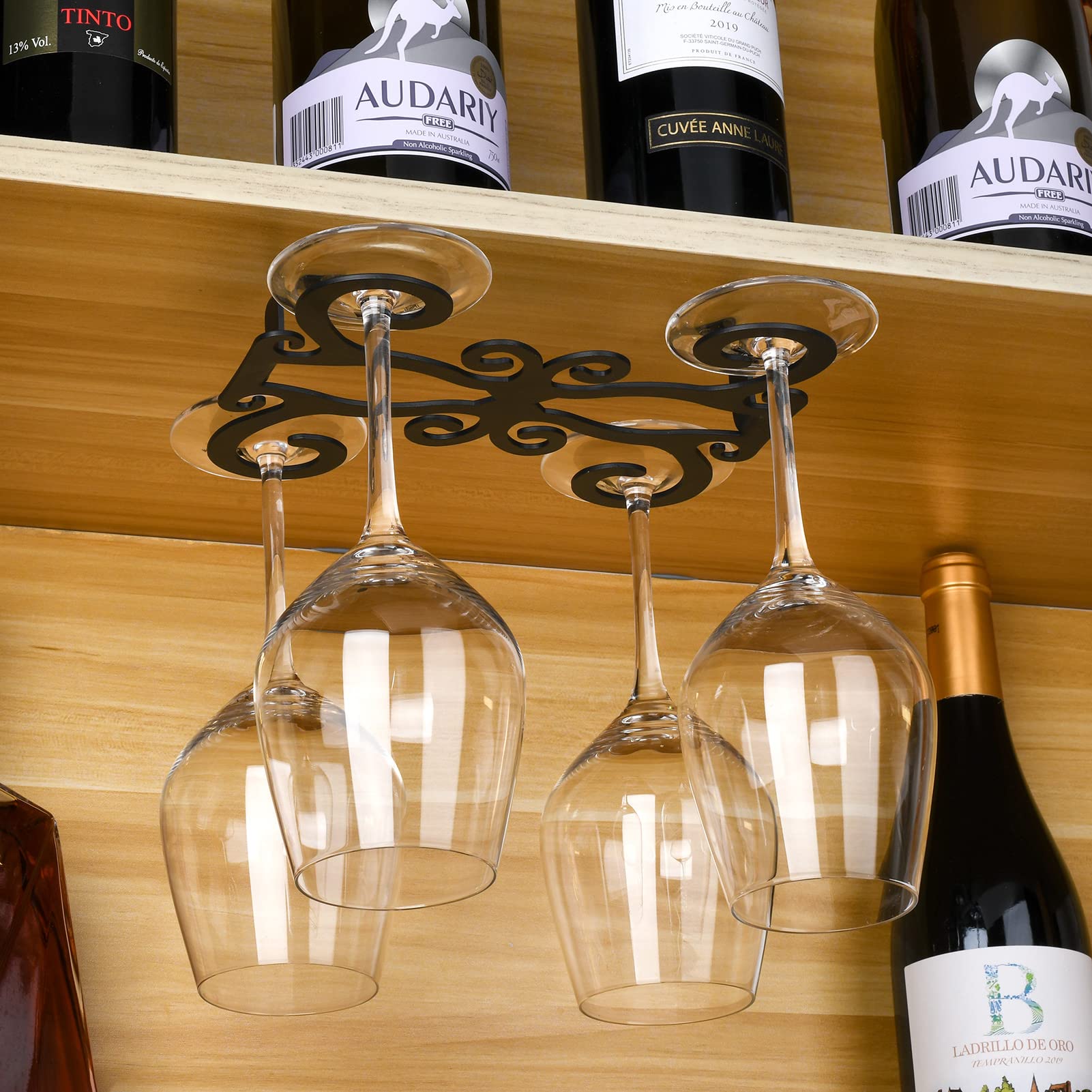 MANLUYEE SNKINE Hanging Wine Glass Rack - Butterfly Stemware Racks Under Cabinet Wine Glasses Holder Shelf Black Iron 7.87" Storage Hanger for Bar Kitchen (1 Packs)