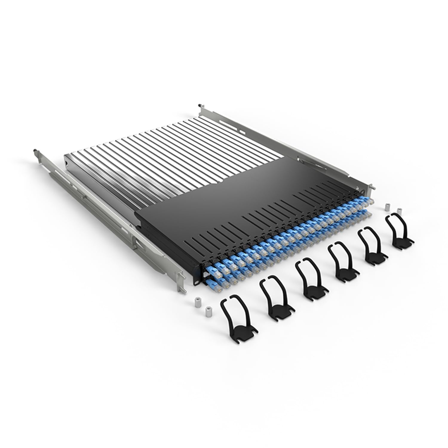 PATCHBOX® Plus+ Cat.6a - 24-Port Patch Panel with Retractable Cable Management System for 19” Racks, Includes Flat 10GB Cables and Cassettes, Easy Network and Server Setup (UTP, Blue, 1.8m / 8RU)