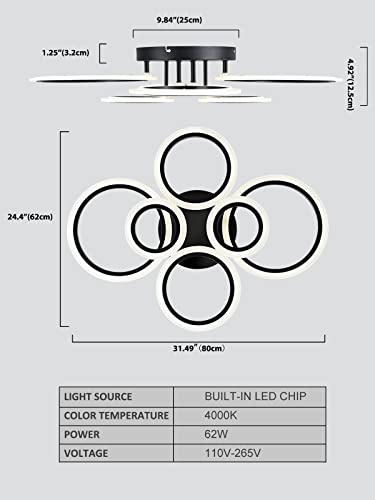 Vikaey Modern 6 Rings LED Ceiling Light & Black Dimmable LED Ceiling Light(11.8")