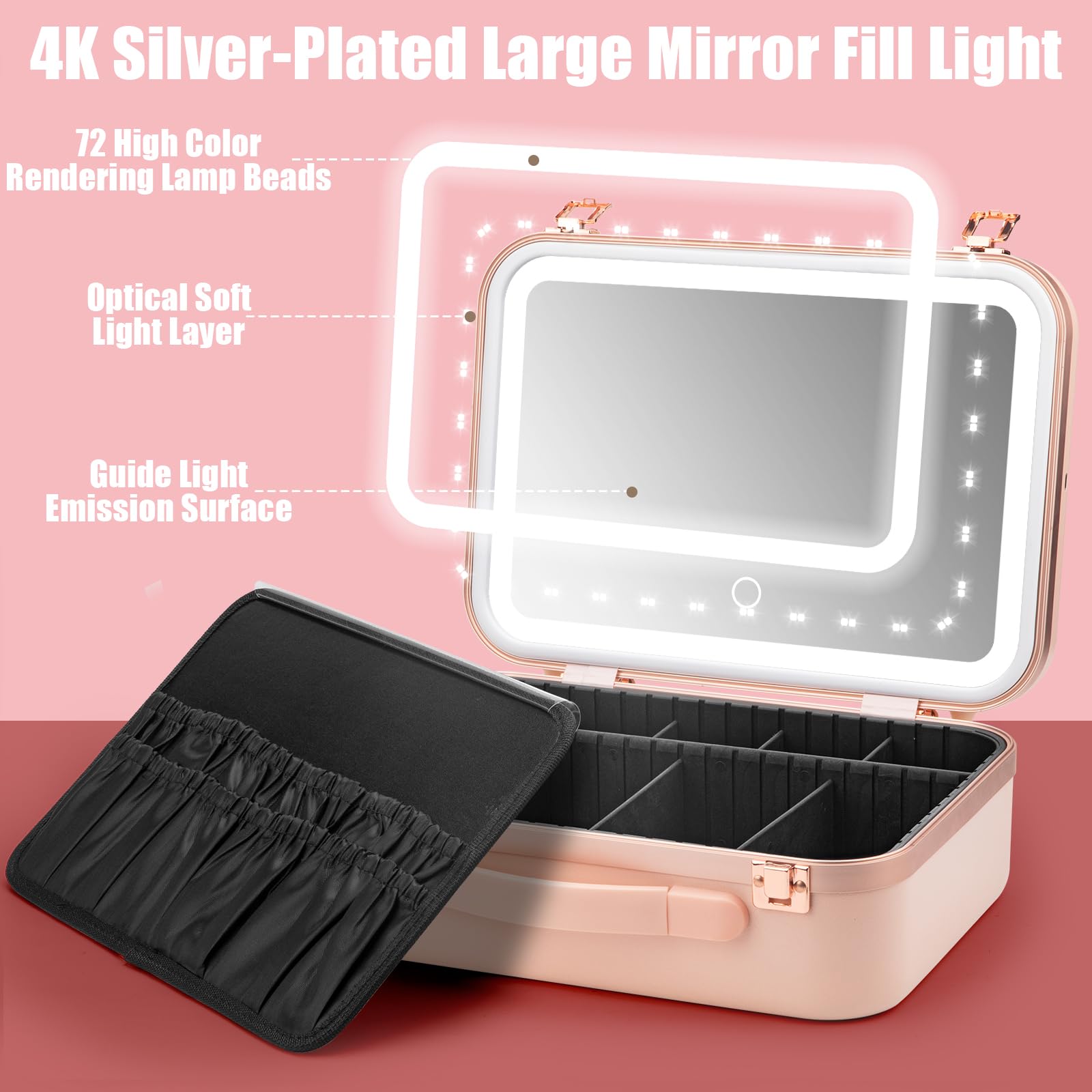 S&N Remille Travel Makeup Case with LED Light Mirror, Portable Waterproof Makeup Bag with 3 Adjustable Color Brightness Professional Cosmetic Train Case Organizer with Adjustable Dividers