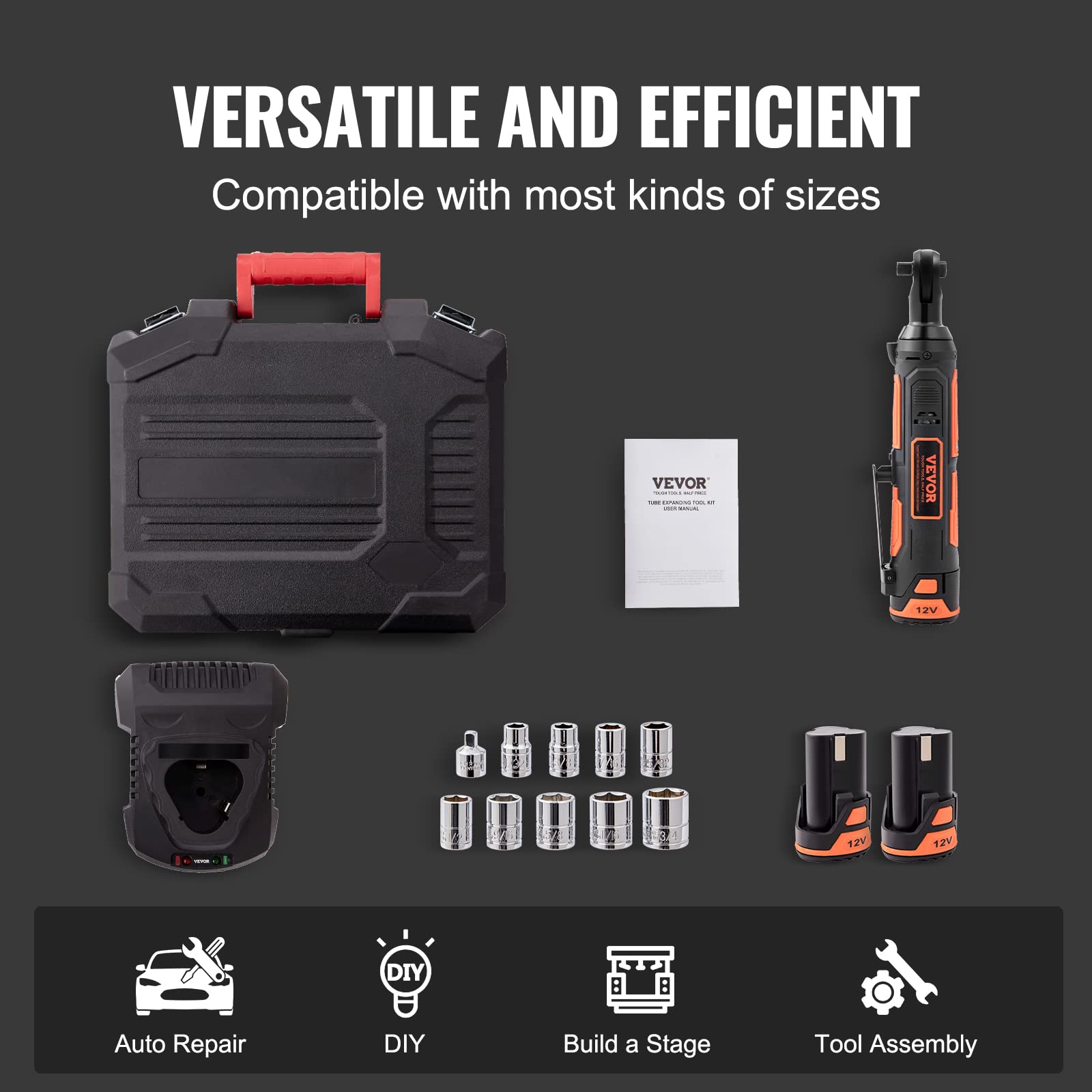VEVOR 3/8" Cordless Electric Ratchet Wrench Set, 33 Ft-lbs 12V Power Ratchet Tool Kit with 45-Min Fast Charge, 2-Pack 2.0Ah Battery, Built-in LED Light, Variable Speed Trigger, 10 Sockets