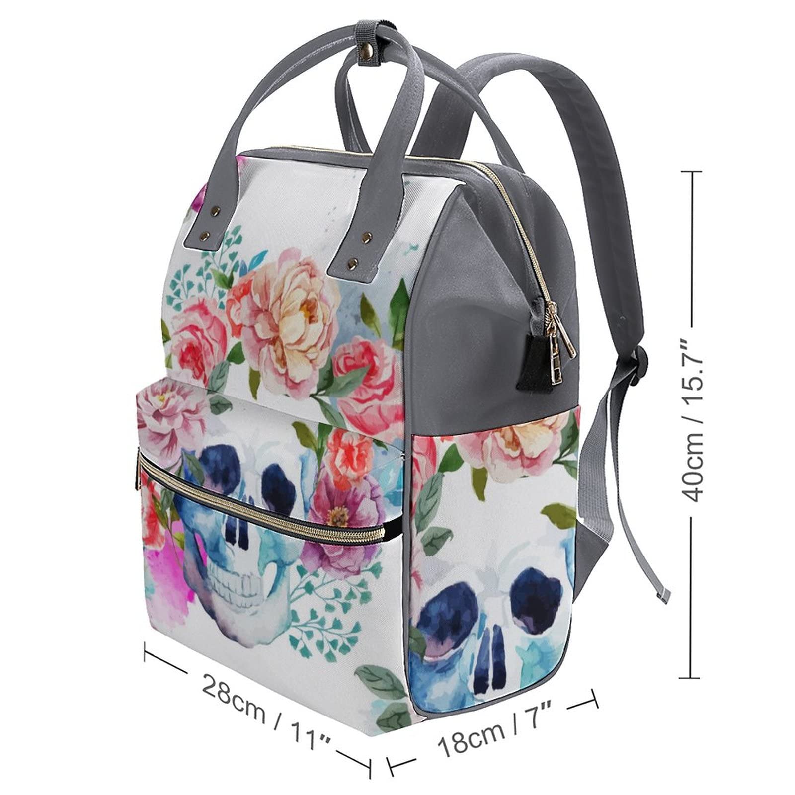 Skull and Flowers Day of The Dead Diaper Bag Backpack Large Capacity Mommy Bags Multifunction Nappy Bag Travel Back Pack Gray-Style