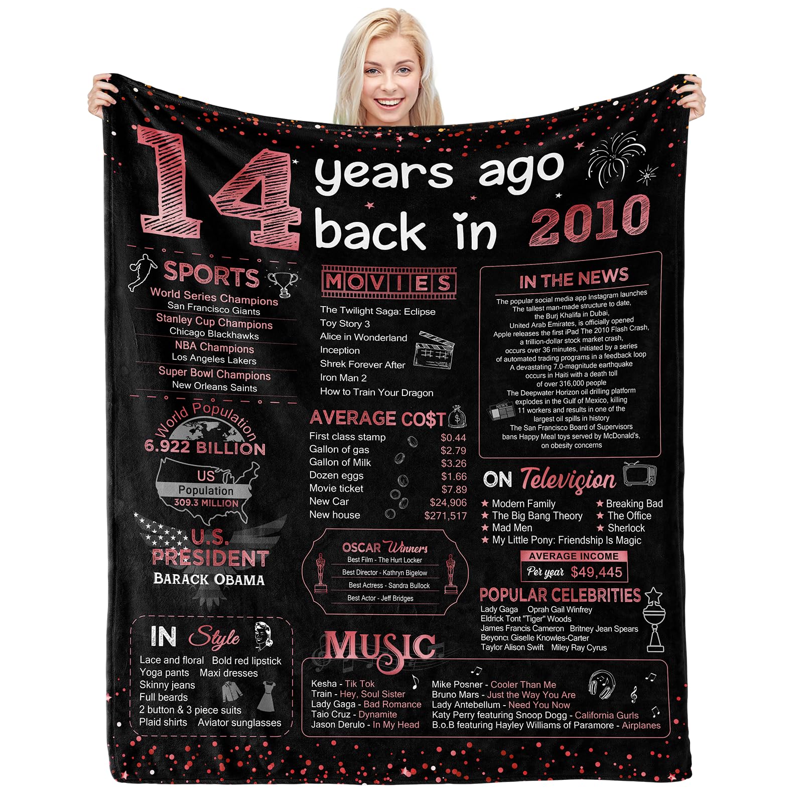 YDHCTKYG 14 Year Old Girl Gift Ideas 14th Birthday Decorations for Girls Happy Birthday Gifts for Teen Girls Daughter Sister Flannel Fleece Throw Blanket Back in 2010-60x50 Inch - Rose Gold