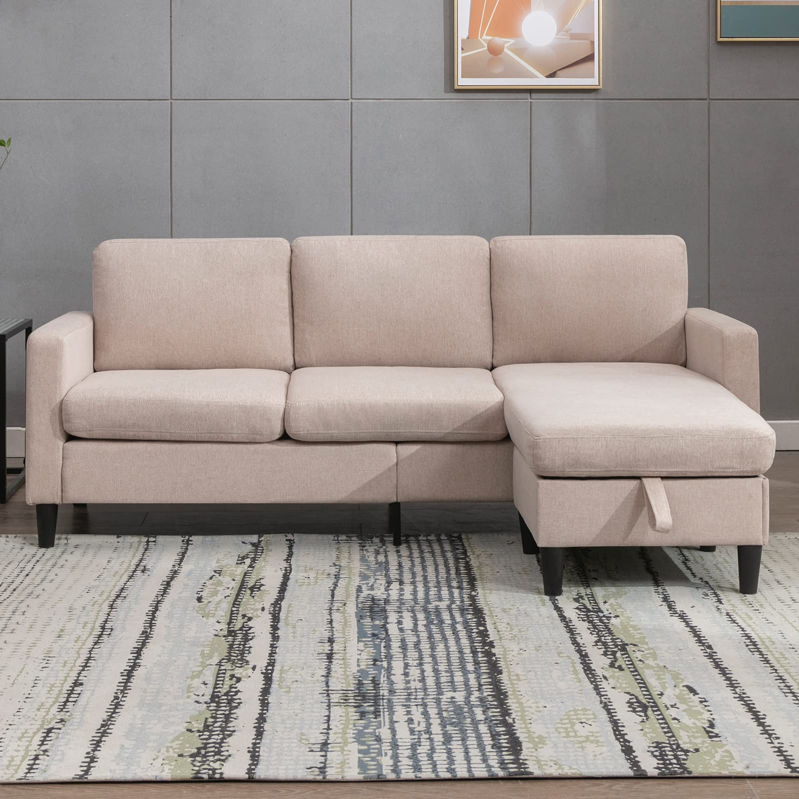 PUREMIND 85'' W Small Sectional Sofa Couch, L Shaped Sectional Sofa, Convertible Sectional Couch with Reversible Chaise, Linen 3-Seat Couches with Thick Cushion for Living Room (Light Grey)