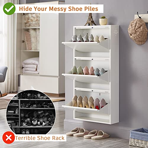 SPACEROCK 3 Drawer Shoe Storage Cabinet Wall Mounted & No-Assembly 20β Metal Shoe Cabinet for Entryway, Hallway, and Corridor, Holds 9 Pair Shoes (White, 20 Inches)