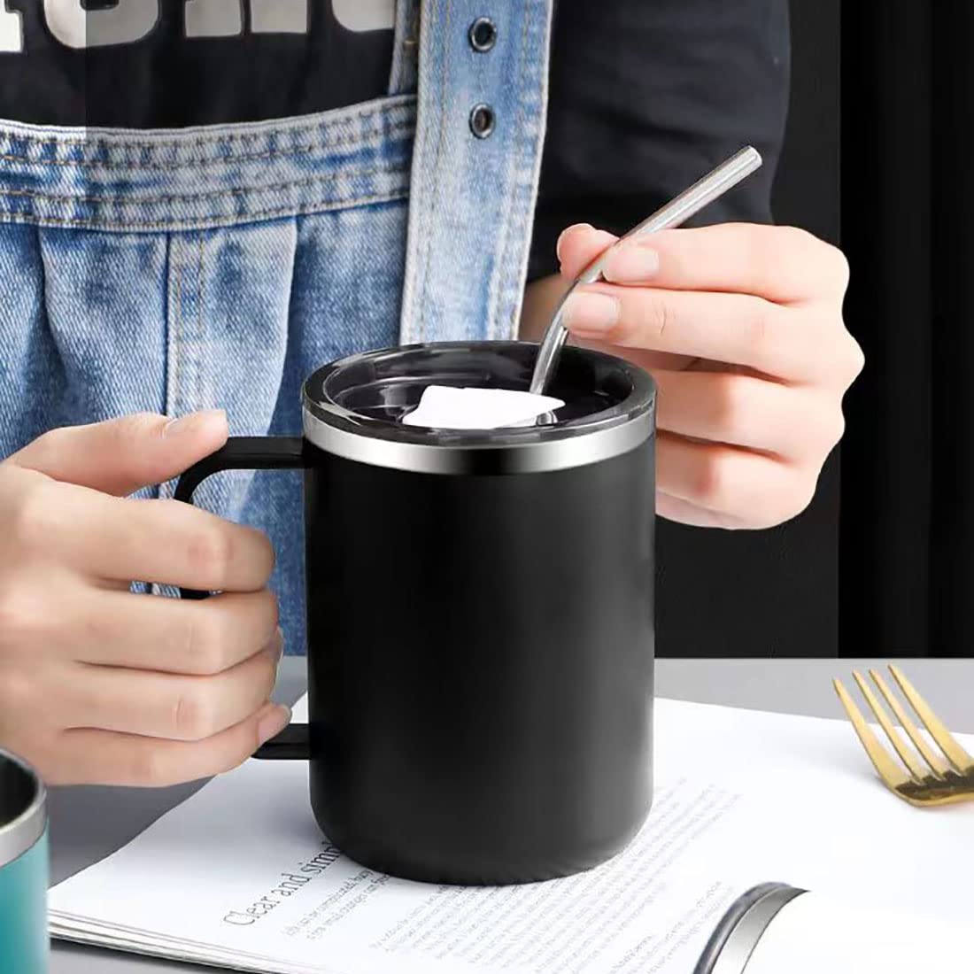 Lcxecnw Coffee Cup Mug with Handle,16 oz Stainless Steel Mugs,Double Wall Vacuum Travel Mug,Tumbler Mugs with Straw and Sliding Lid,Hot & Cold Drinks for Home Office (Black)
