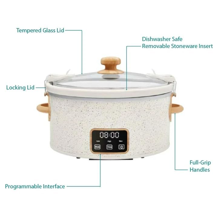 The Pioneers Womans Programmable 6 Qt Digital Slow Cooker with Locking Lid, Touchscreen Controls, Dishwasher Safe, Perfect for Potlucks, Family Meals, Spill-Free Transport (Teal Speckle)