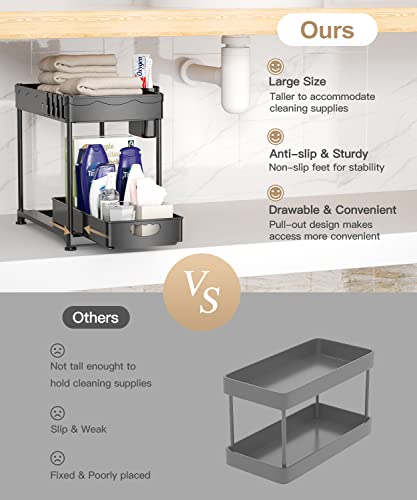 MERRYBOX Under Sink Organizers and Storage, Sliding Under Cabinet Bathroom Organizer, 2 Tier Kitchen Under Sink Shelf Organizer Pull Out Drawer with Hooks, Hanging Cup, Non-Slip Feet, Black, 1 Pack