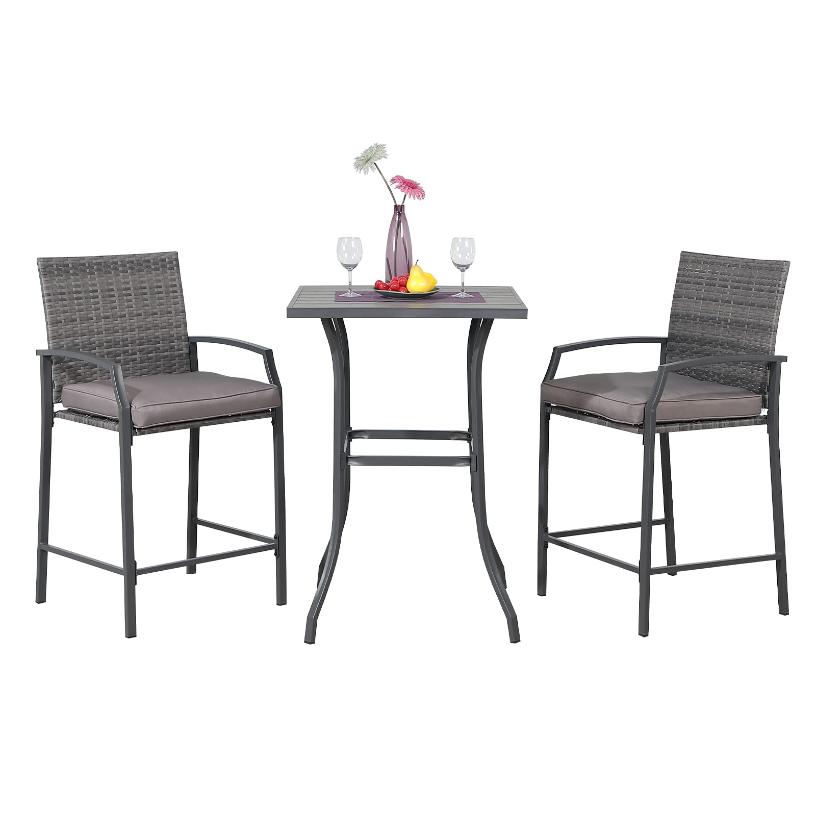 OC Orange-Casual 3-Piece Patio Bar Set, All-Weather Wicker High Top Outdoor Table and Chairs, 2 Height Rattan Bar Stools with Wood Grain Top Coffee Table, for Porch, Garden, Bistro, Grey Cushion