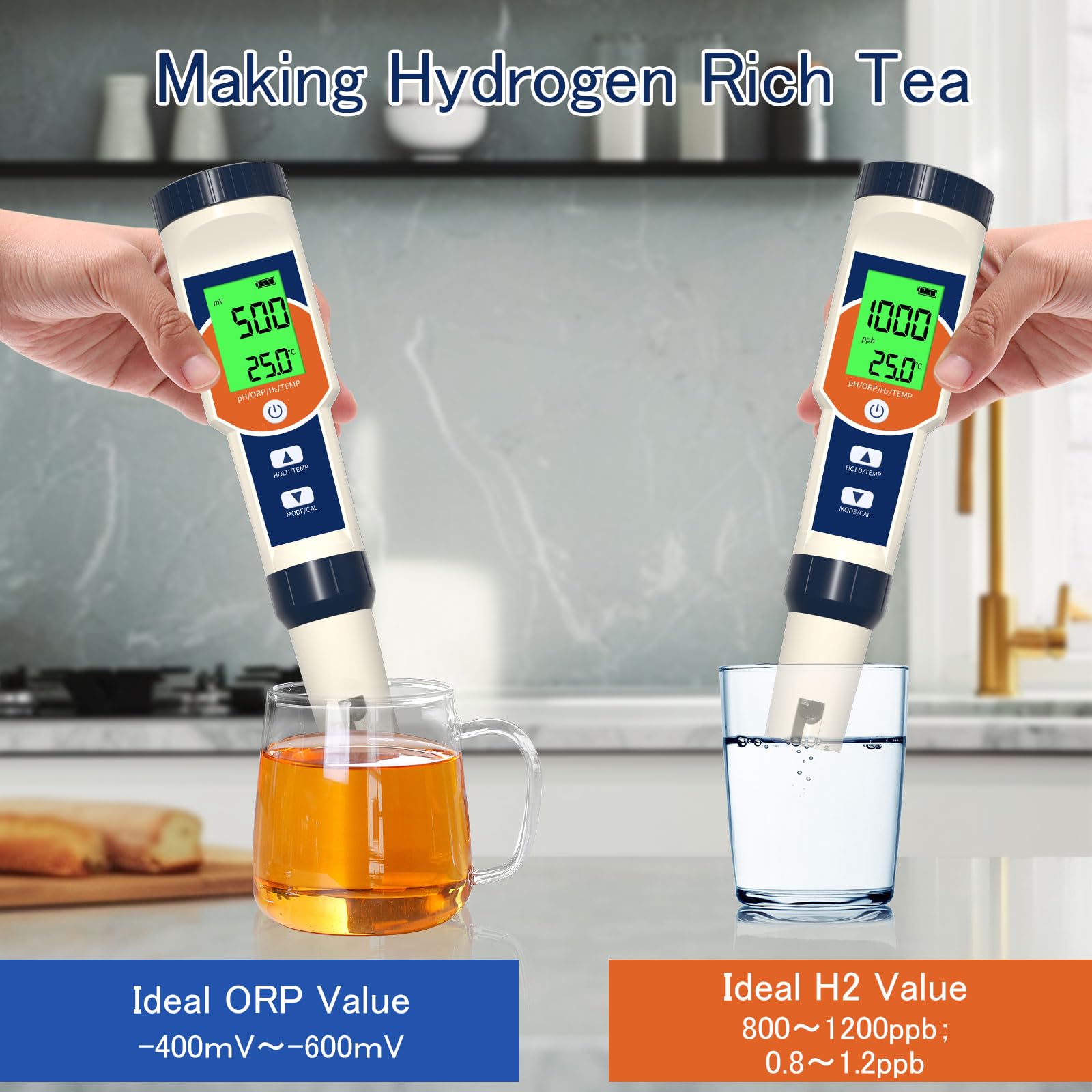 Yewhick Hydrogen Water Tester, 4 in 1 pH H2 ORP Temp Test Kit, H2 Water PPB/PPM Meter, Accurate pH Hydrogen ORP Meter for Drinking Water, Dissolved Hydrogen Tester for Hydrogen Water Bottle