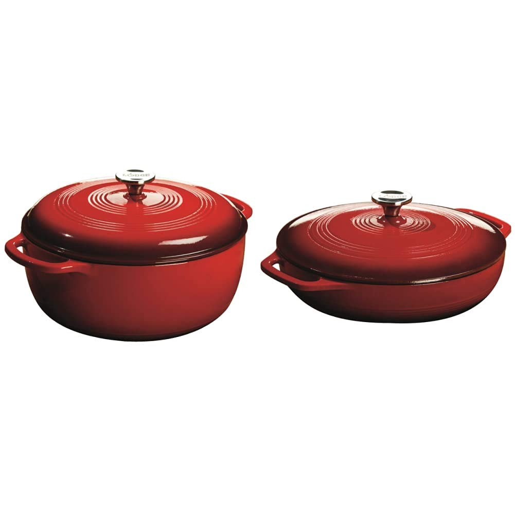 Lodge EC7D43 Enameled Cast Iron Dutch Oven, 7.5-Quart, Island Spice Red & EC3CC43 Enameled Cast Iron Covered Casserole, 3-Quart, Island Spice Red