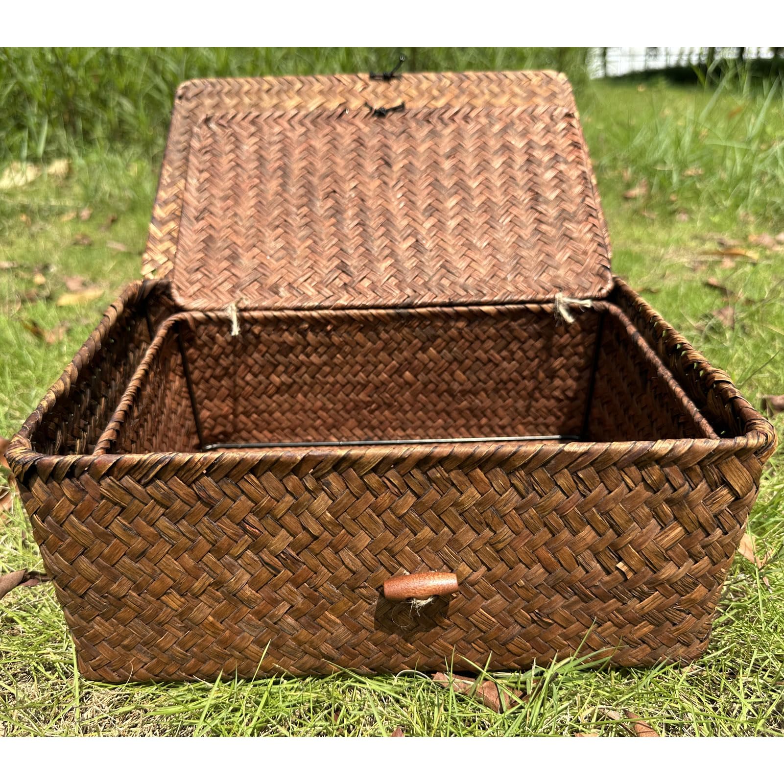 Shelf Storage Baskets with Lid, 2-Pack Wicker Storage Bakset, Woven Seagrass Decorative Boxes Storage Basket, Coffee Large+XLarge