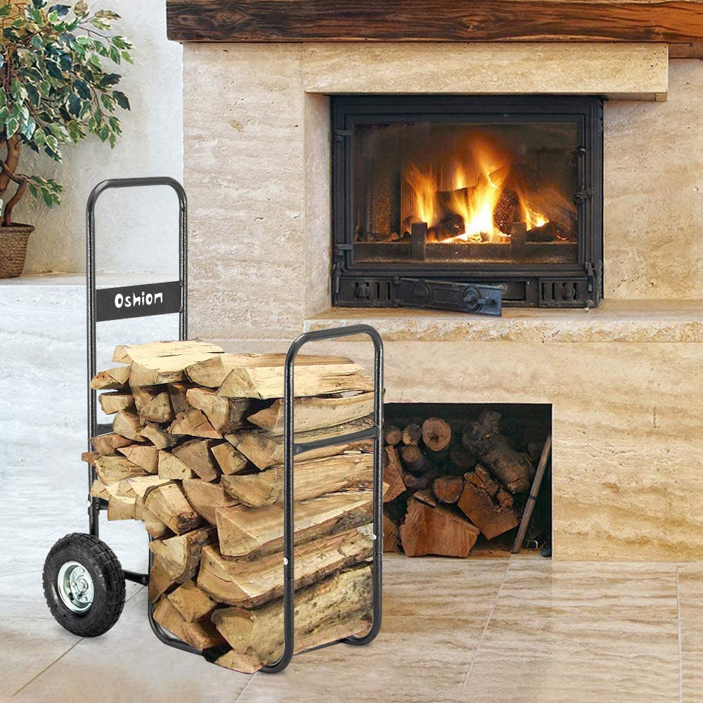 Ochine Firewood Log Cart Carrier Wood Rack, 43.3 x 28 x 17.7 in, 220lb Loading Capacity, Black Powder-Coated Steel