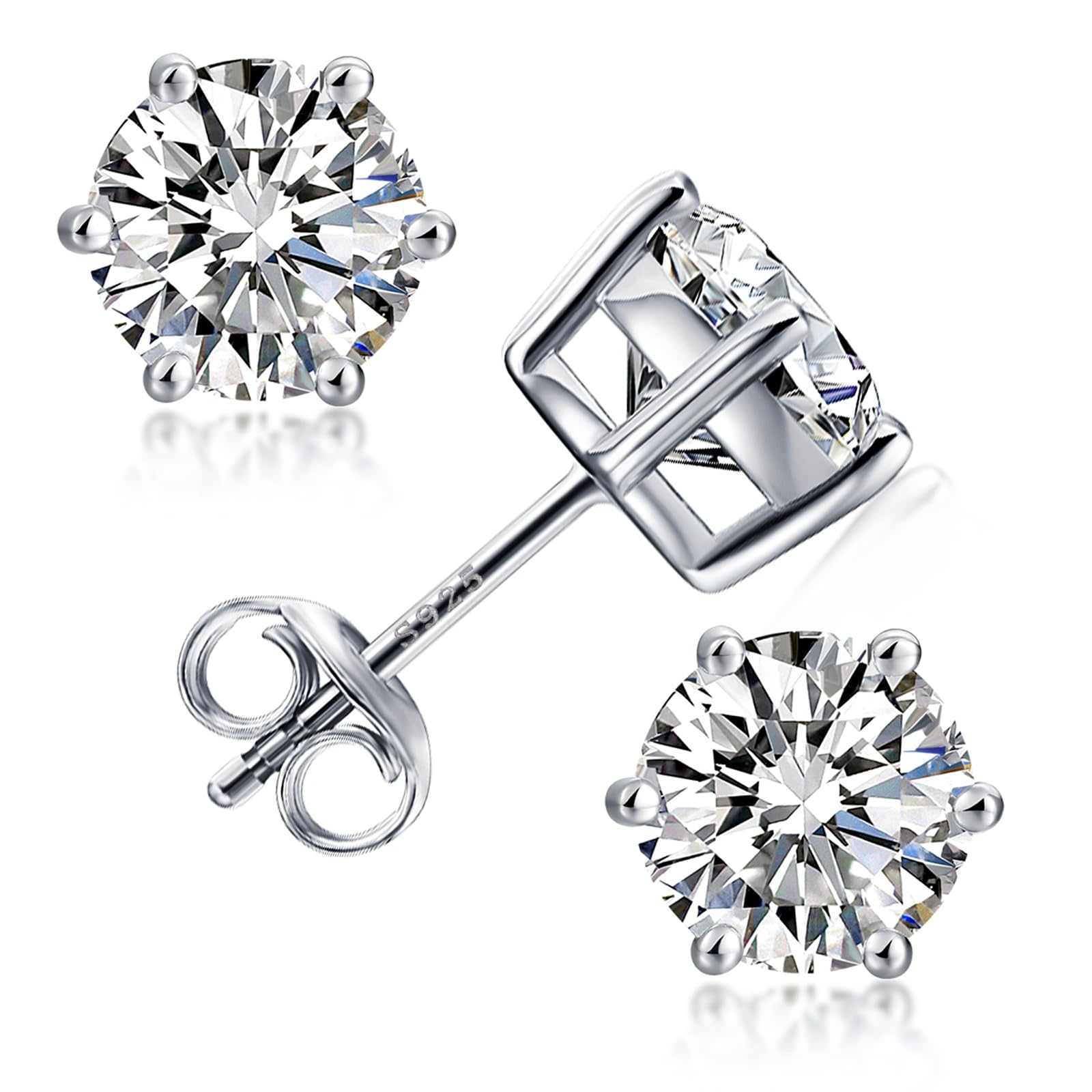 LOVEBHATIA Moissanite Earrings For Women, Lab Created Diamond Studs For Men, 925 Sterling Silver 18k White Gold-Plated Screw Back Round Cut D Color Vvs1 Clarity Diamond Stud Earings