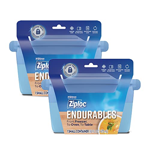 Ziploc Endurables Small Container, 2 Cups, Reusable Silicone Bags and Food Storage Meal Prep Containers for Freezer, Oven, and Microwave, Dishwasher Safe, 2 Pack