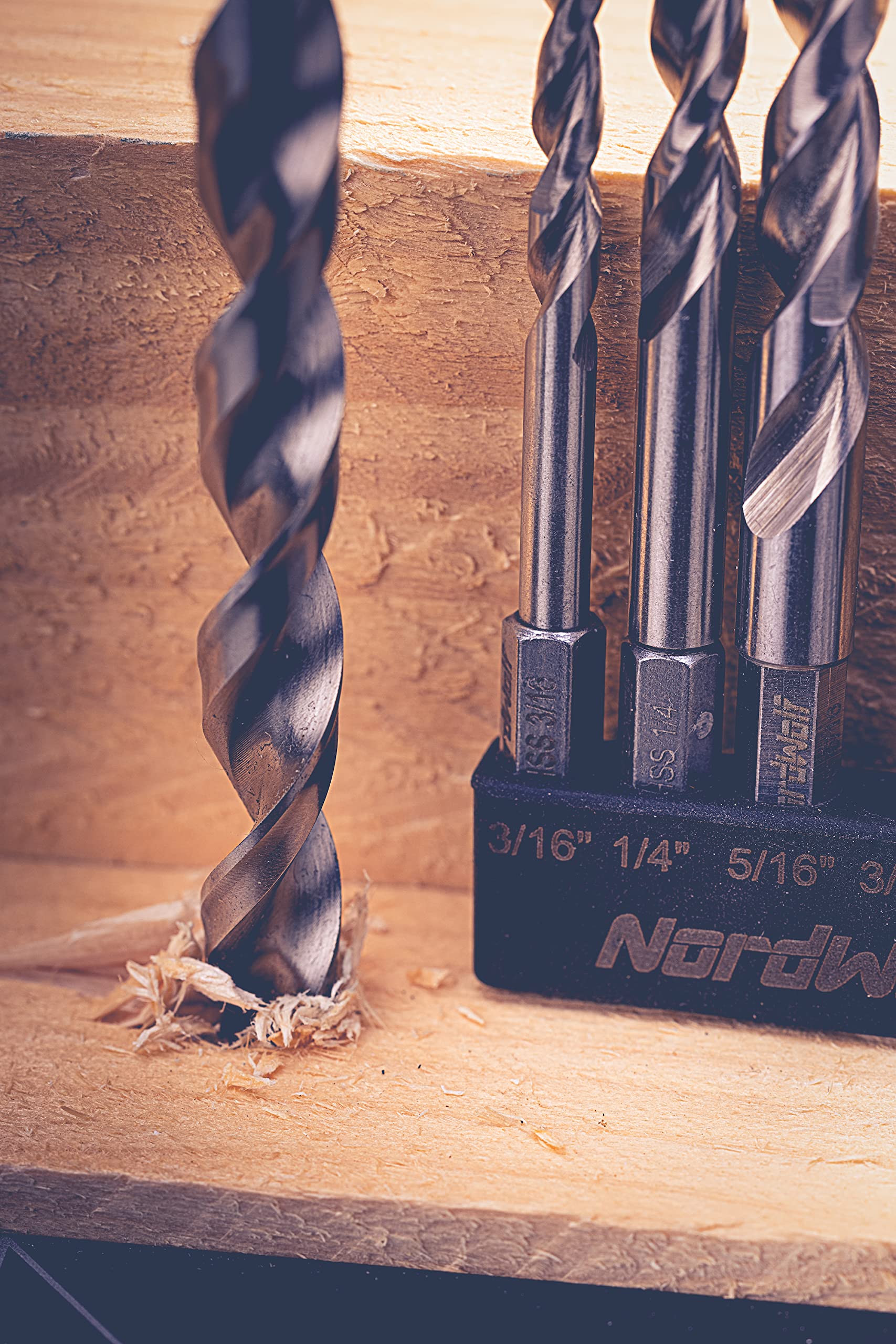 NordWolf 5-Piece HSS Brad Point Wood Drill Bit Set with 1/4" Hex Shank for Carpenter Woodworking, SAE Sizes 3/16"-1/4"-5/16"-3/8"-1/2"