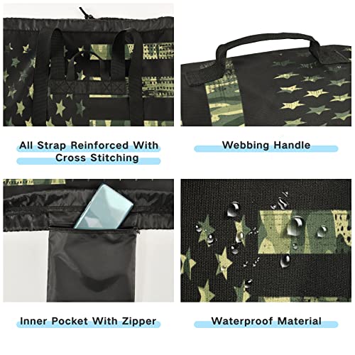 One Bear Camo American Flag Laundry Bag Drawstring Closure Waterproof Durable Backpack Storage Basket Organization Dirty Clothes Bag Laundry Hamper with Shoulder Straps