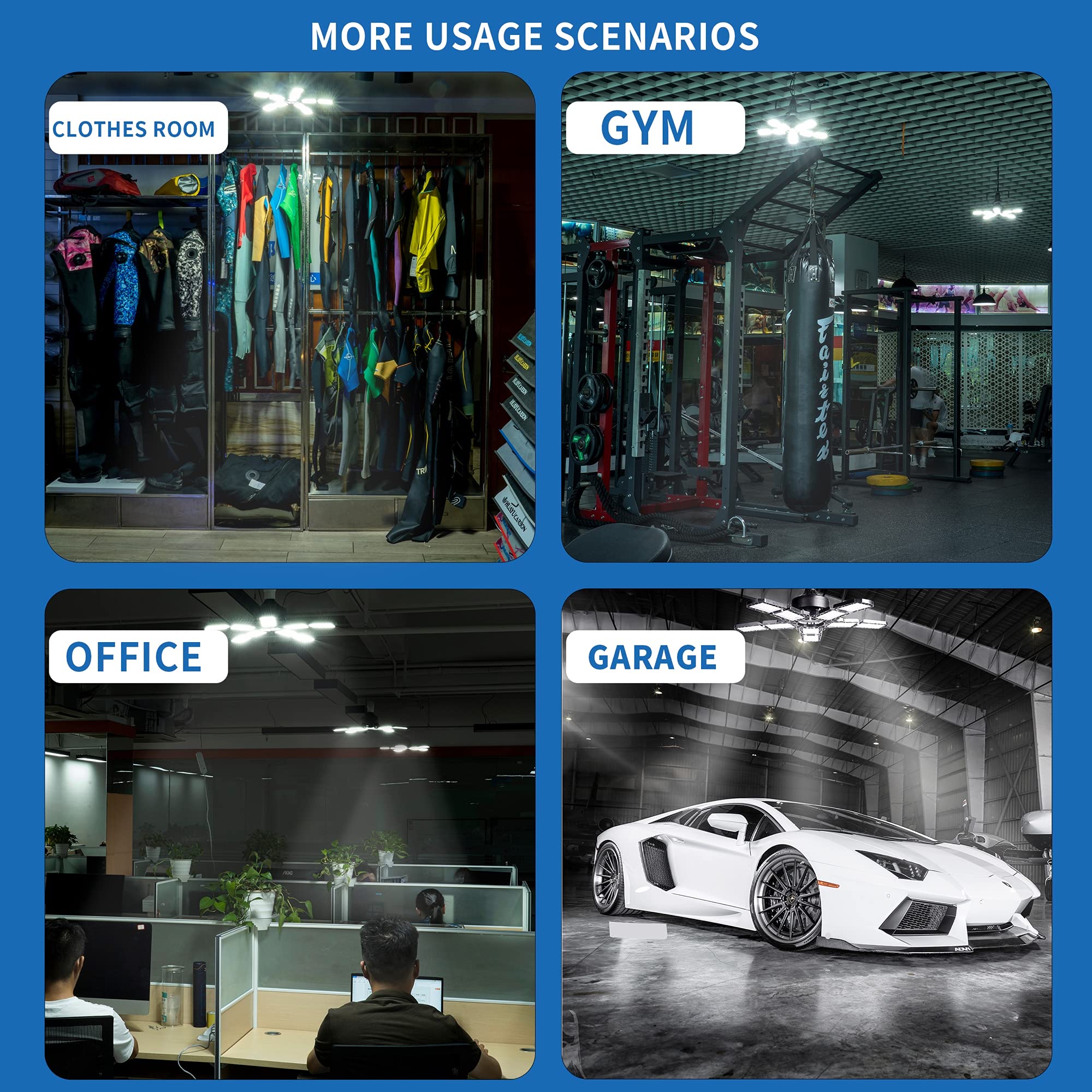 LED Garage Light 180W, 2-Pack Deformable Led Garage Ceiling Lights, Uittenrbr 6500K 10+1 Adjustable Panels Lights, 5- Leaf 18000LM 360° Flexible Led Shop Light for Garage，Workshop，Basement，Warehouse