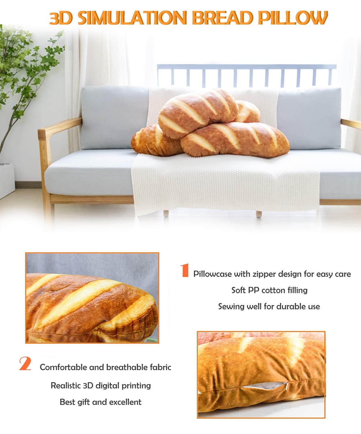 Wepop 32 in 3D Simulation Bread Shape Pillow Soft Lumbar Baguette Back Cushion Funny Food Plush Stuffed Toy