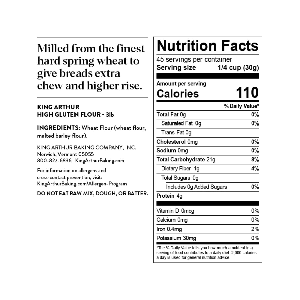 King Arthur High Gluten Flour, Contains Wheat Flour (wheat flour, malted barley flour) High Protein, 3 lb, White, 48 Ounces