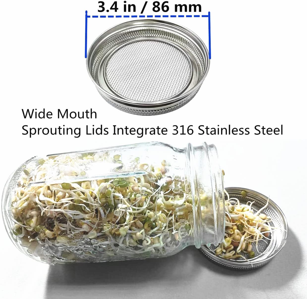 Mesh Strainer Sprouting Lids 316 Stainless Steel for Wide Mouth Mason Jars Canning Seed Sprouting Alfalfa Salad Sprouts Lid 4 Pack