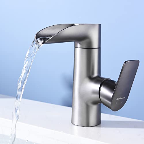 Rainovo Waterfall Bathroom Faucet, Bathroom Faucet with 360° Swivel Waterfall Spout, Single Handle Bathroom Faucet 1 Hole, Single Hole RV Basin Vessel Vanity Faucet, Grey