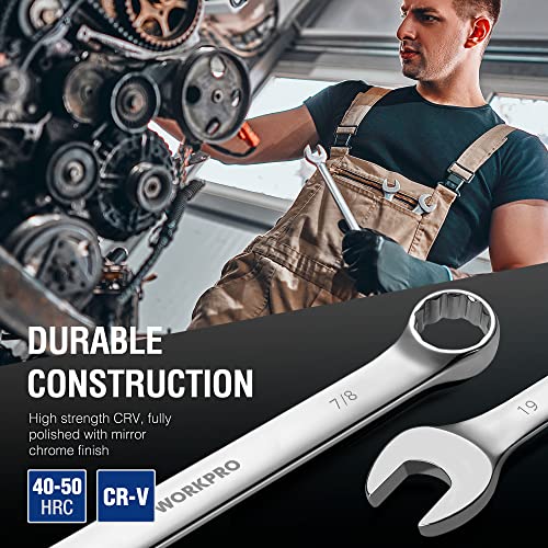 WORKPRO Mechanics Wrench Set Metric and Standard, 22PCS Complete Combination Wrenches Set. SAE 1/4" to 3/4", Metric 9mm to 19mm, Automotive Wrench Set with Rack Organizer