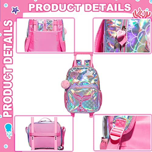 ZBAOGTW Mermaid Rolling Backpack for Girls Kids Backpack with Wheels for Elementary Kindergarten Girls Wheeled Backpack Carry on Luggage for School Travel