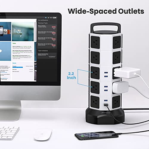 Power Strip Tower Surge Protector 1050J, JACKYLED 20 AC Outlets 6 USB Ports, 3000W 13A Desktop Electrical Charging Station, 6.5ft Heavy Duty Extension Cord, for Home, Office, Garage, White Black
