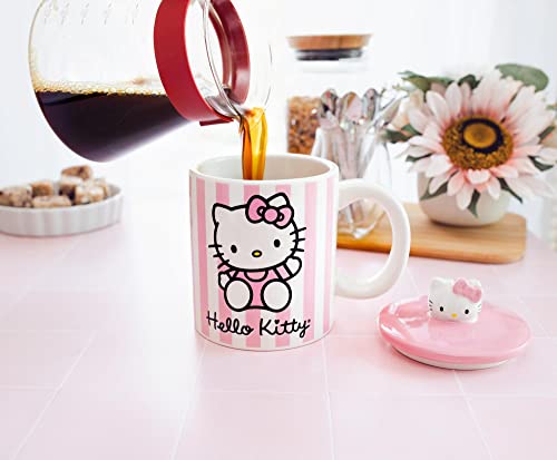 Toynk Hello Kitty Pink Stripes Ceramic Mug With Lid | Holds 18 Ounces