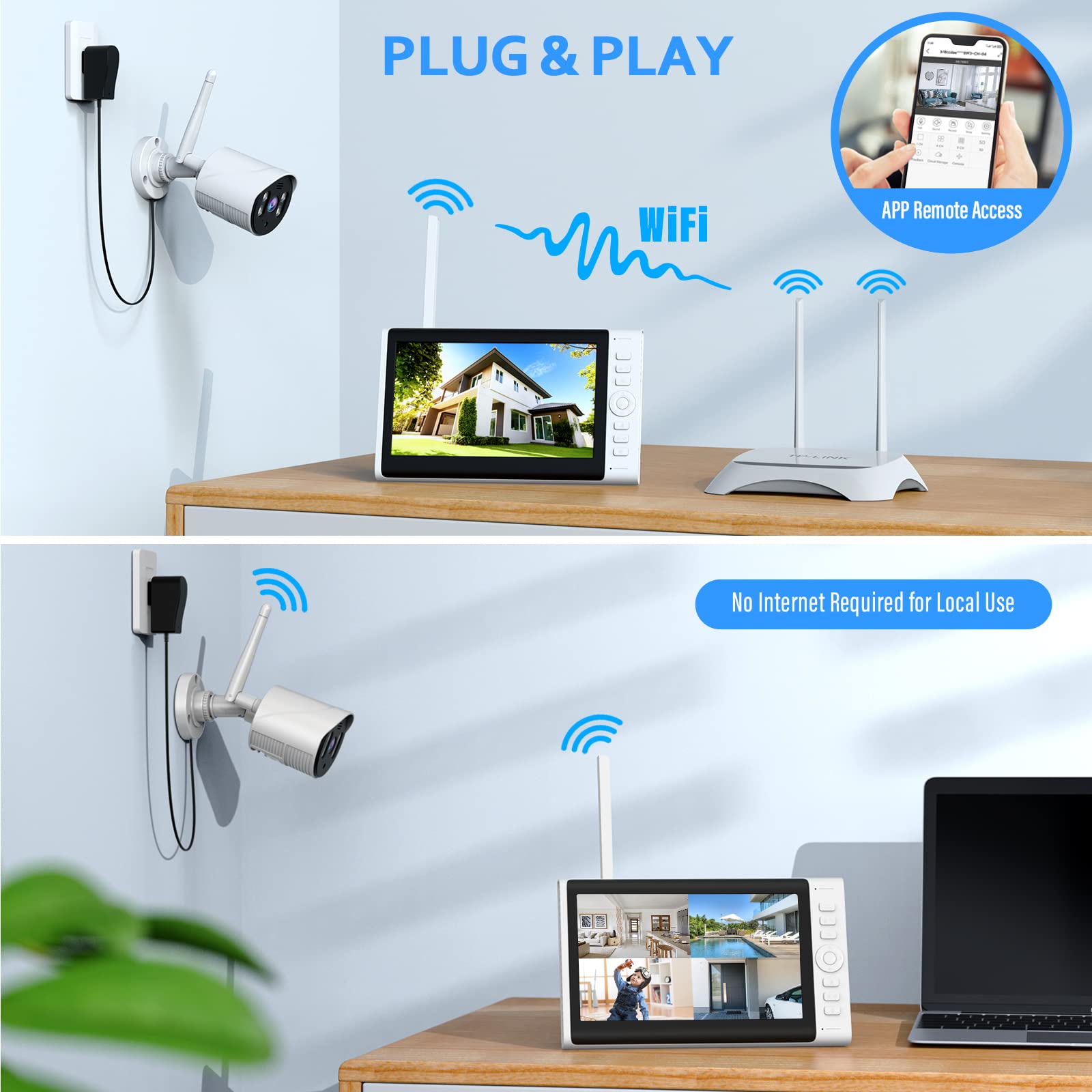Security Camera System Wireless Outdoor with 7" Portable Monitor, 4Ch Rechargeable NVR with 2Pcs 2MP Home Security Cameras & 32GB SD Card, No WiFi Need, 2 Way Audio, IP66 Waterproof, APP Remote Access