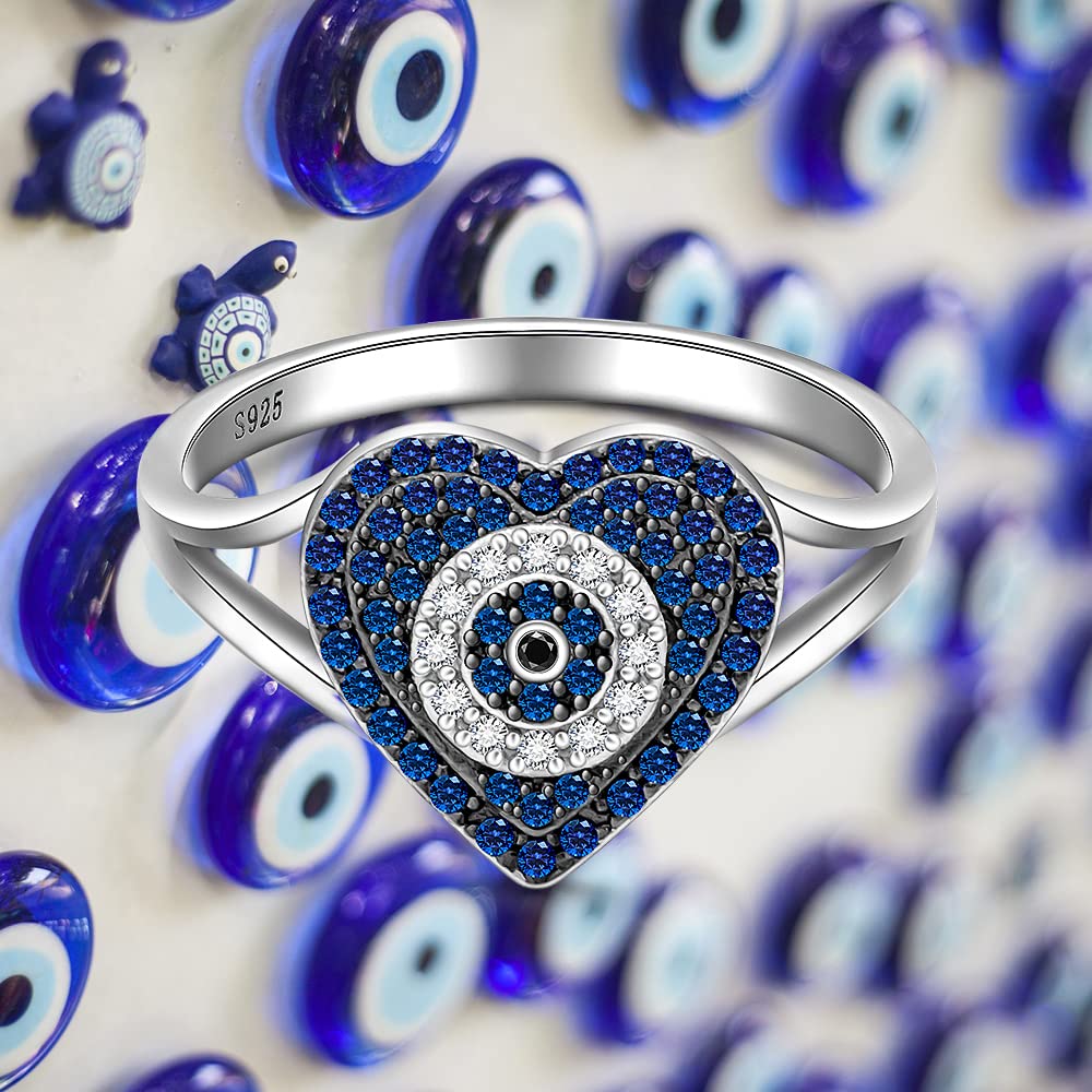 LOVGIFSET Evil Eye Ring Sterling Silver Turkish Evil Eye Rings for Women Blue Eyes Sapphire Protection Mal De Ojo Nazar Jewelry Size 7
