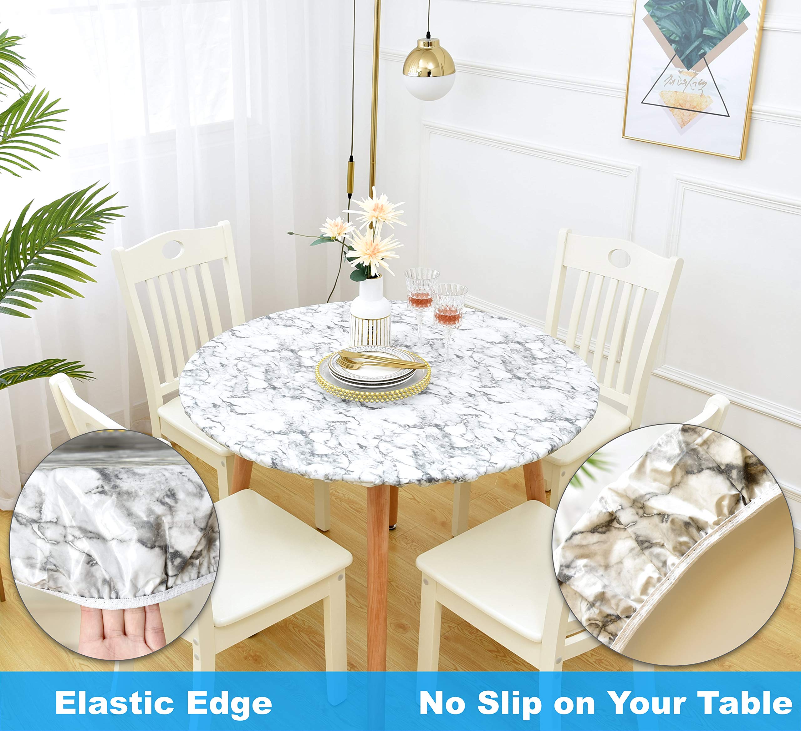 Rally Home Goods Indoor Outdoor Patio Round Fitted Vinyl Tablecloth, Flannel Backing, Elastic Edge, Waterproof Wipeable Plastic Cover, White Marble Pattern for 10-Seat Table of 57-72ββ Diameter