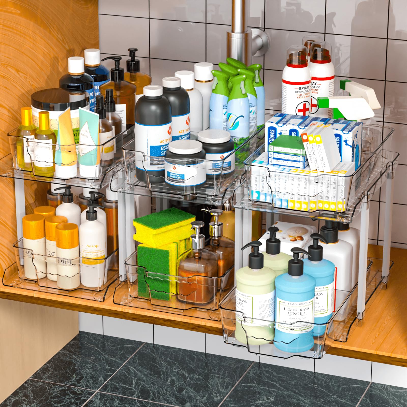 Yieach 2 Sets 9.7" Tall Under Sink Organizers And Storage,Multi-Purpose 2 Tier Under Bathroom Sink Organizer and Under Cabinet Storage,Clear Pull Out Medicine Cabinet Organizer With 8 Movable Dividers