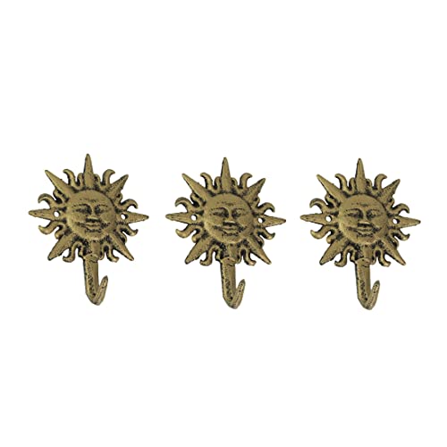 Set of 3 Vintage Sun-Face Cast Iron Decorative Wall Hooks in Antique Gold Finish - Elegant Towel or Coat Hanger Rack for Home Decor - 5.75 Inches High