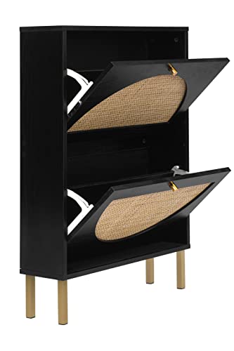 SSLine Shoe Cabinet with 2 Flip Down Storage Shelves Free-Standing Shoe Rack Modern Black Wood Shoe Storage Organizer w/Unique Rattan Decor &Gold Handles for Entryway Hallway Doorway