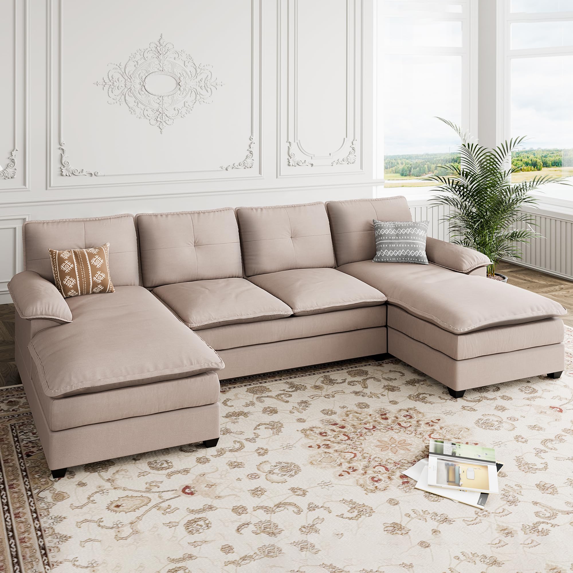 Shintenchi 110" Modular Sectional Couches for Living Room, U-Shaped Sofa Couch with Double Chaise, 4 Seat Sofa Sets with Thick Cushion & Soft Backrest, Beige
