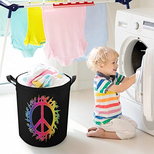 Peace Sign Laundry Basket Round Collapsible Storage Bin with Drawstring and Handle for Bedroom Bathroom Toys Room 17.3" X 13.8"