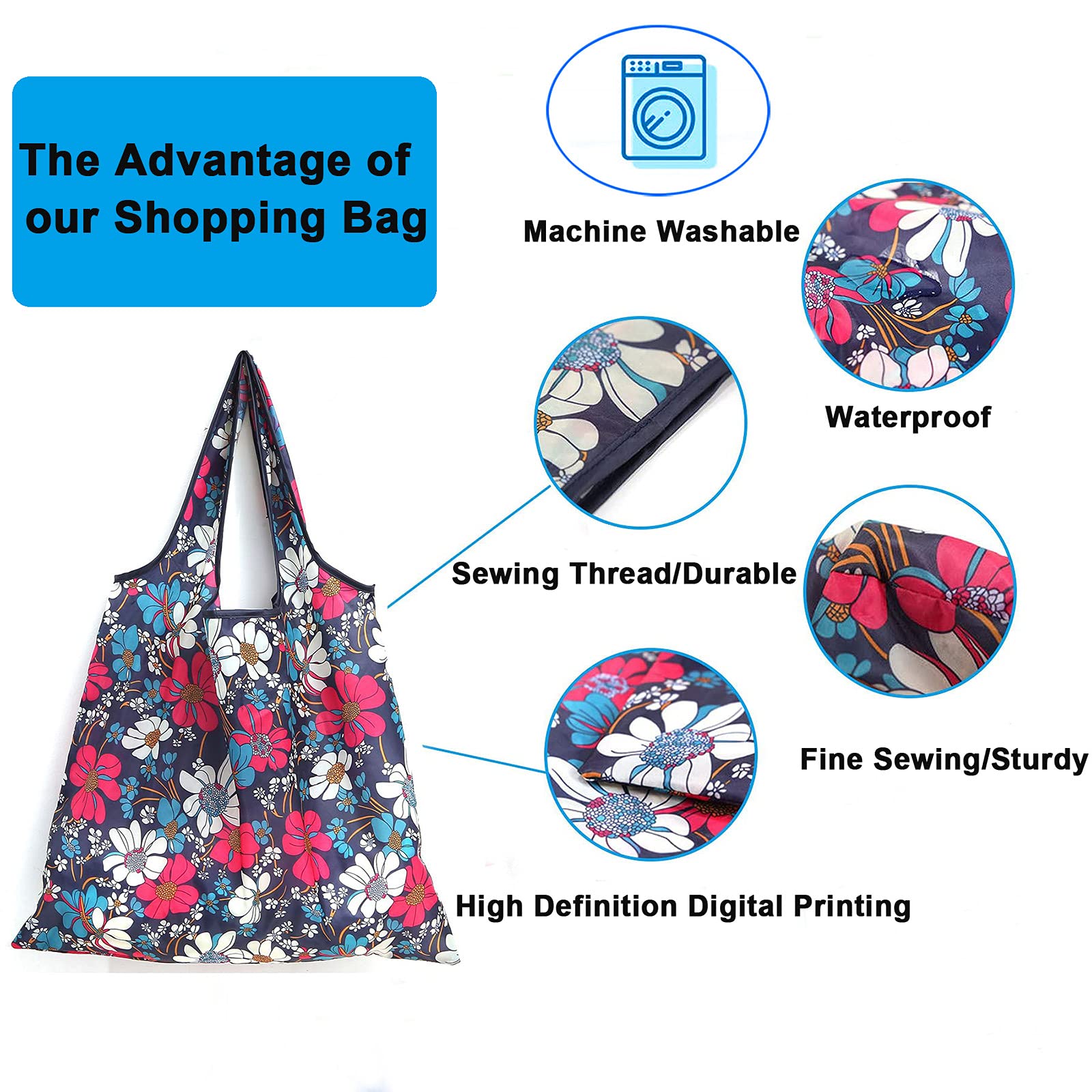 MRYUWB 6 Pcs Set Reusable Grocery Bags, Foldable Shopping Bags, Large Groceries Bags with Pouch Bulk, Ripstop, Easy Carrying,Waterproof, Eco-Friendly, Machine Washable Nylon Tote Bag (Elegant Vintage)