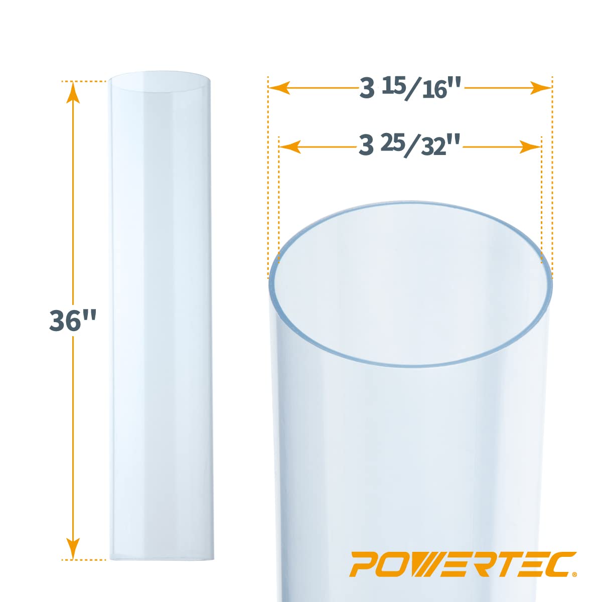 POWERTEC 70272-P4 Clear PVC Pipe 4" x 36" Long, 4PK, Rigid Plastic Tubing for Dust Collection Hose & Fittings