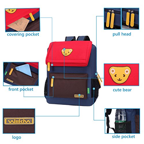 Willikiva Cute Bear Kids School Backpack for Children Elementary School Bags Girls Boys Bookbags (Red/Coffee/Royalblue, Medium)