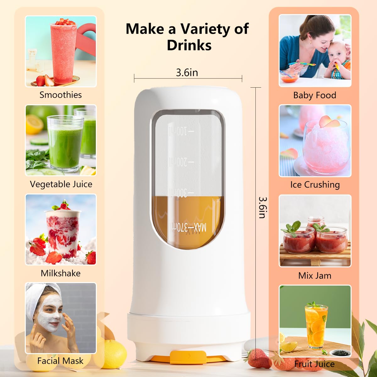YIKHOM Smoothie Blender, Portable Blender for Shakes And Smoothies with Crushed Ice,10 Blades 12oz Automatic Power-Off Personal Small Mini Juice Blender Cup with 3 Drinking Modes, White