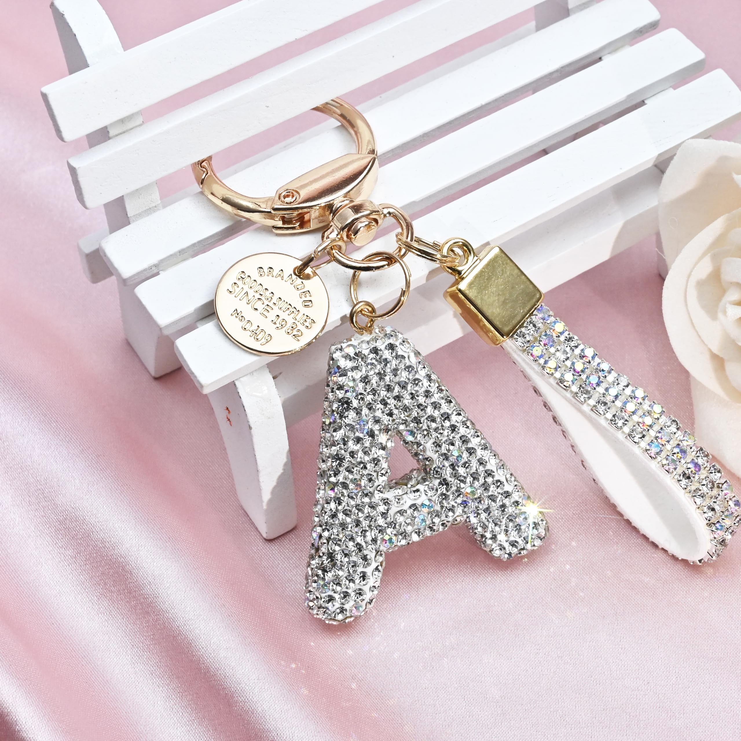 Pink Blue White Initial Letter Keychain Gift for Women Girls Bling Sparkly Cute Backpack Car Key Accessories Lanyard (A-white diamond)