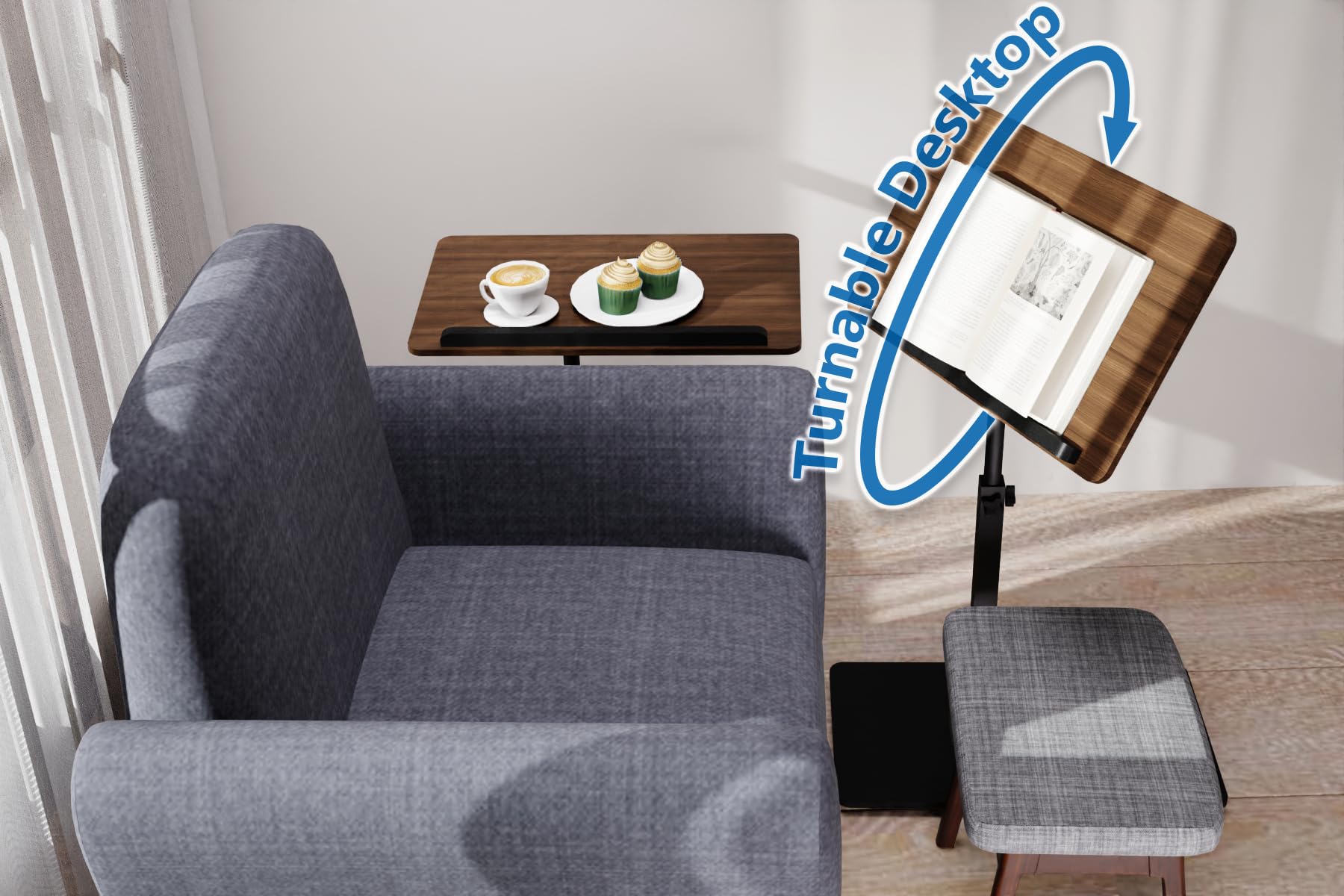 PzewMo C Shaped End Table,20" W x 14" L,17"-31" Adjustable Height,Swivel and Turnable Desktop,Foldable Side Table for Small Spaces,Black Walnut