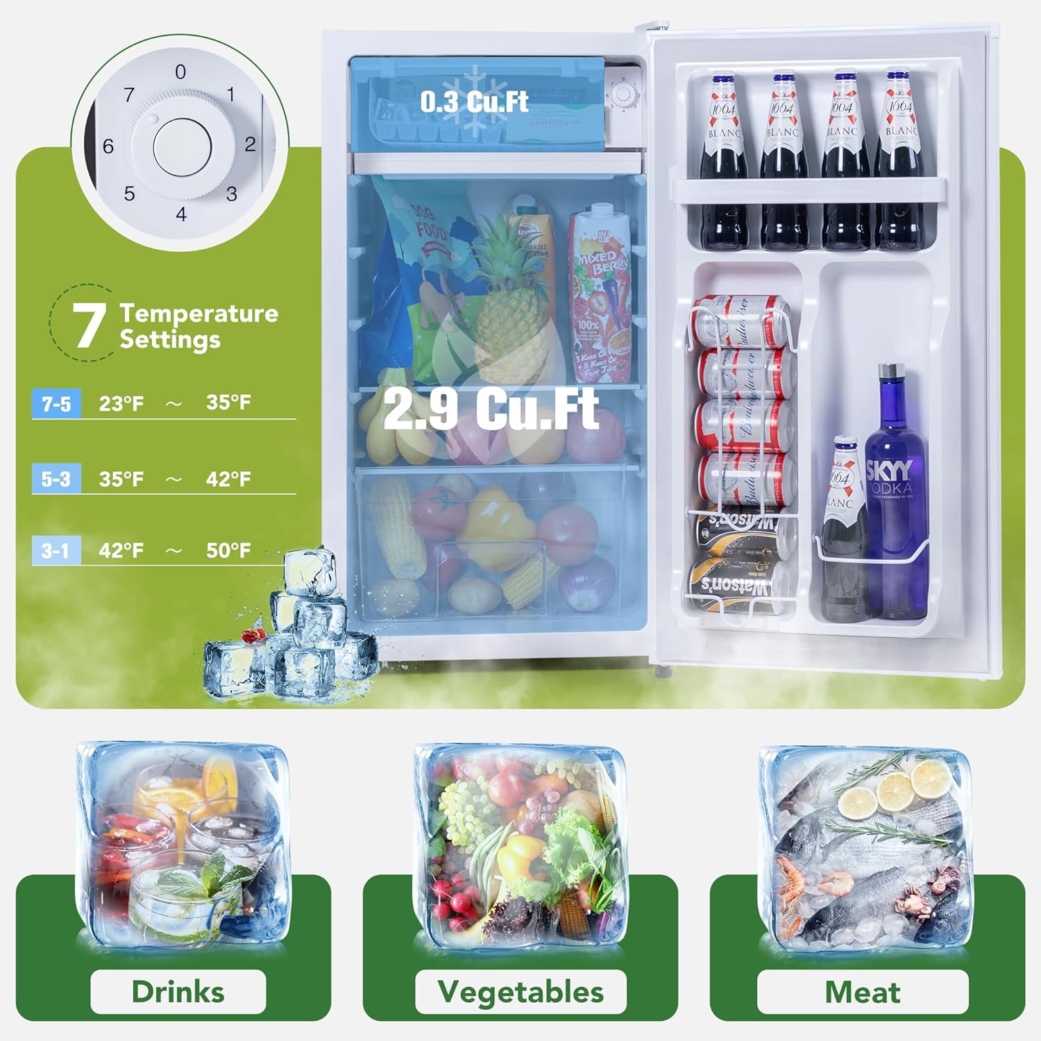 Small Refrigerator with Freezer, ๐ฏ.๐ฎ Cu.Ft, Mini Fridge with Freezer, 7 Settings Temperature Adjustable, Single Door, Compact Refrigerator for Bedroom, Office, Dorm, White